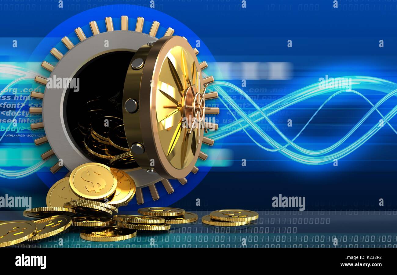 3d illustration of dollar coins storage over digital waves background ...