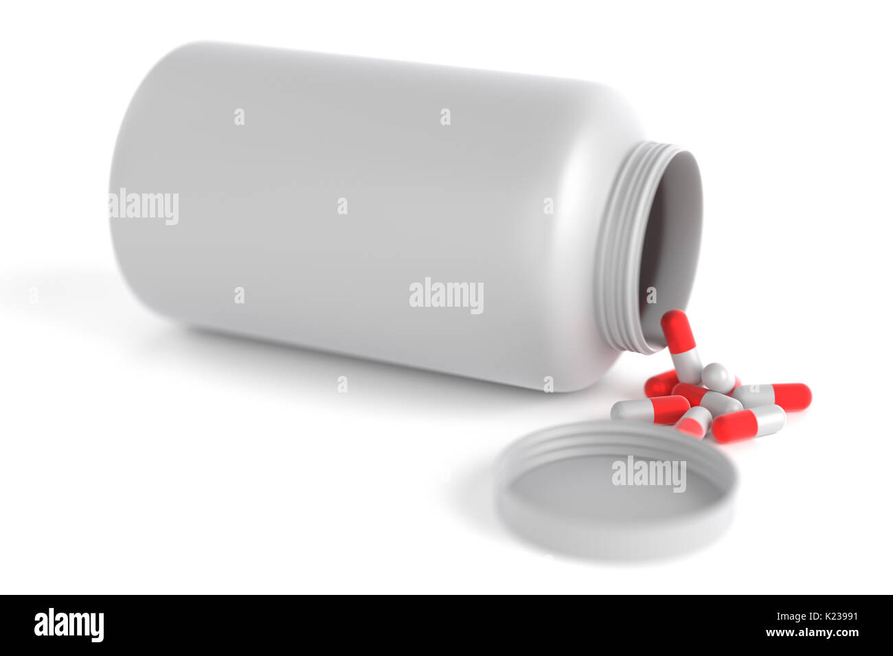 3D realistic render of plastic container for drugs with pile of ...