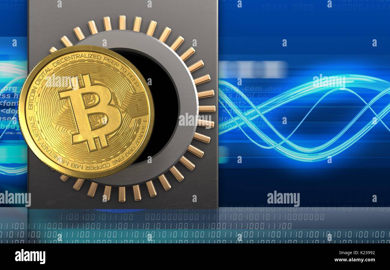 3d illustration of metal box with bitcoin over digital waves background ...