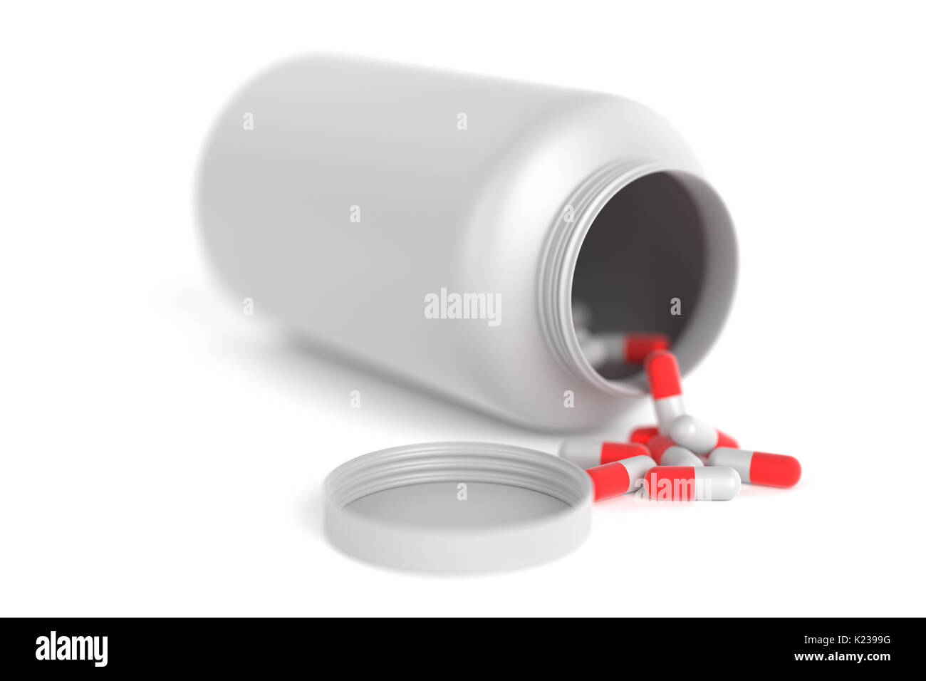 3D realistic render of plastic container for drugs with pile of ...