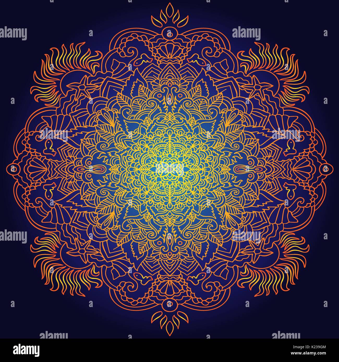 Ethnic pattern. Authentic orange mandala print on black background ...