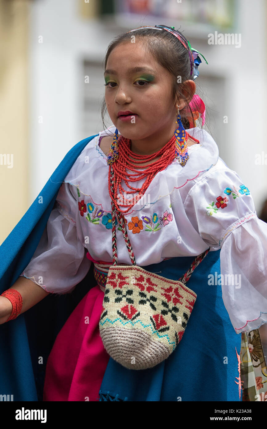 June 17, 2017 Pujili, Ecuador: indigenous kichwa girl in traditional ...