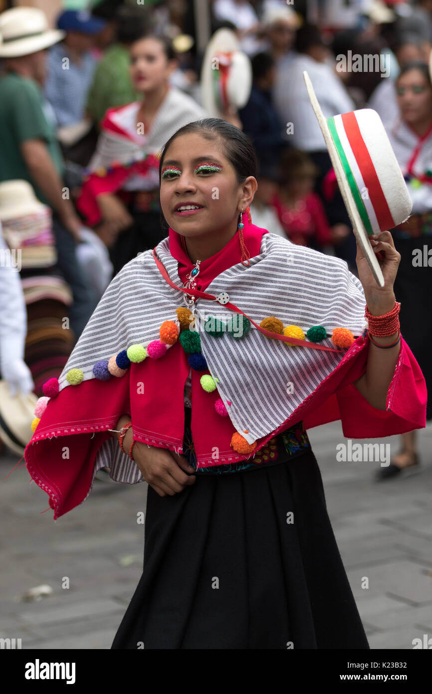 June 17, 2017 Pujili, Ecuador: young kichwa woman in traditional ...
