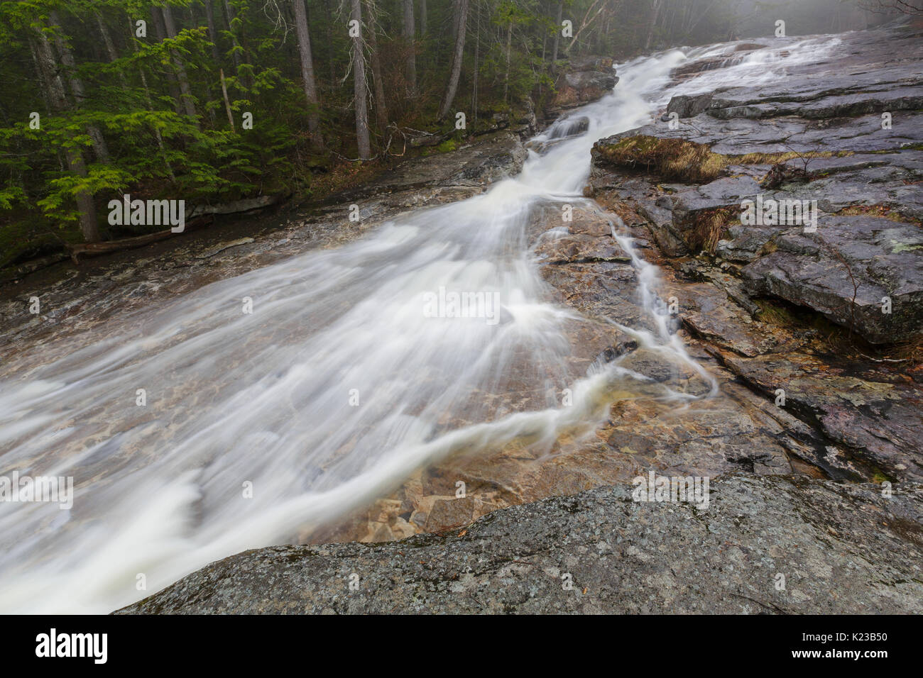 Cascade Brook in Lincoln, New Hampshire on a rainy spring day. This ...