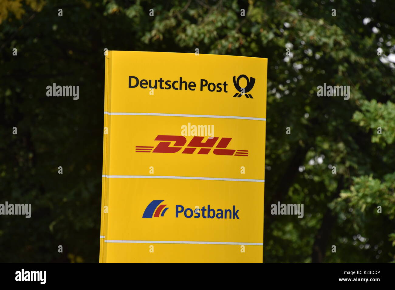 Bonn, Germany. 27th Aug, 2017. The logos of Deutsche Post, DHL and ...