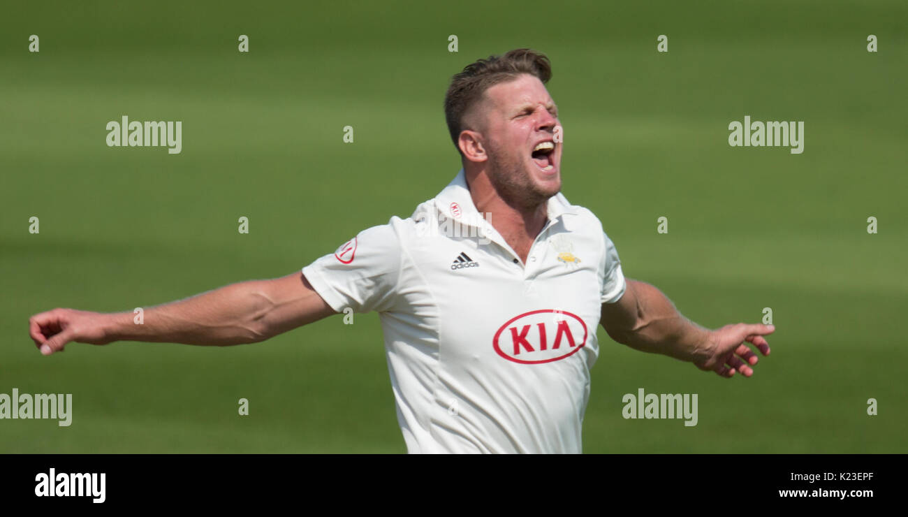 London, UK. 28th Aug, 2017. Stuart Meaker celebrates getting the wicket ...