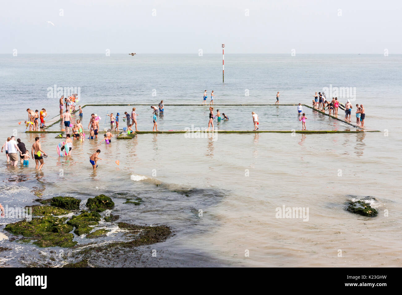 England, Viking Bay, Broadstairs. Beach totally packed with sun-seekers ...