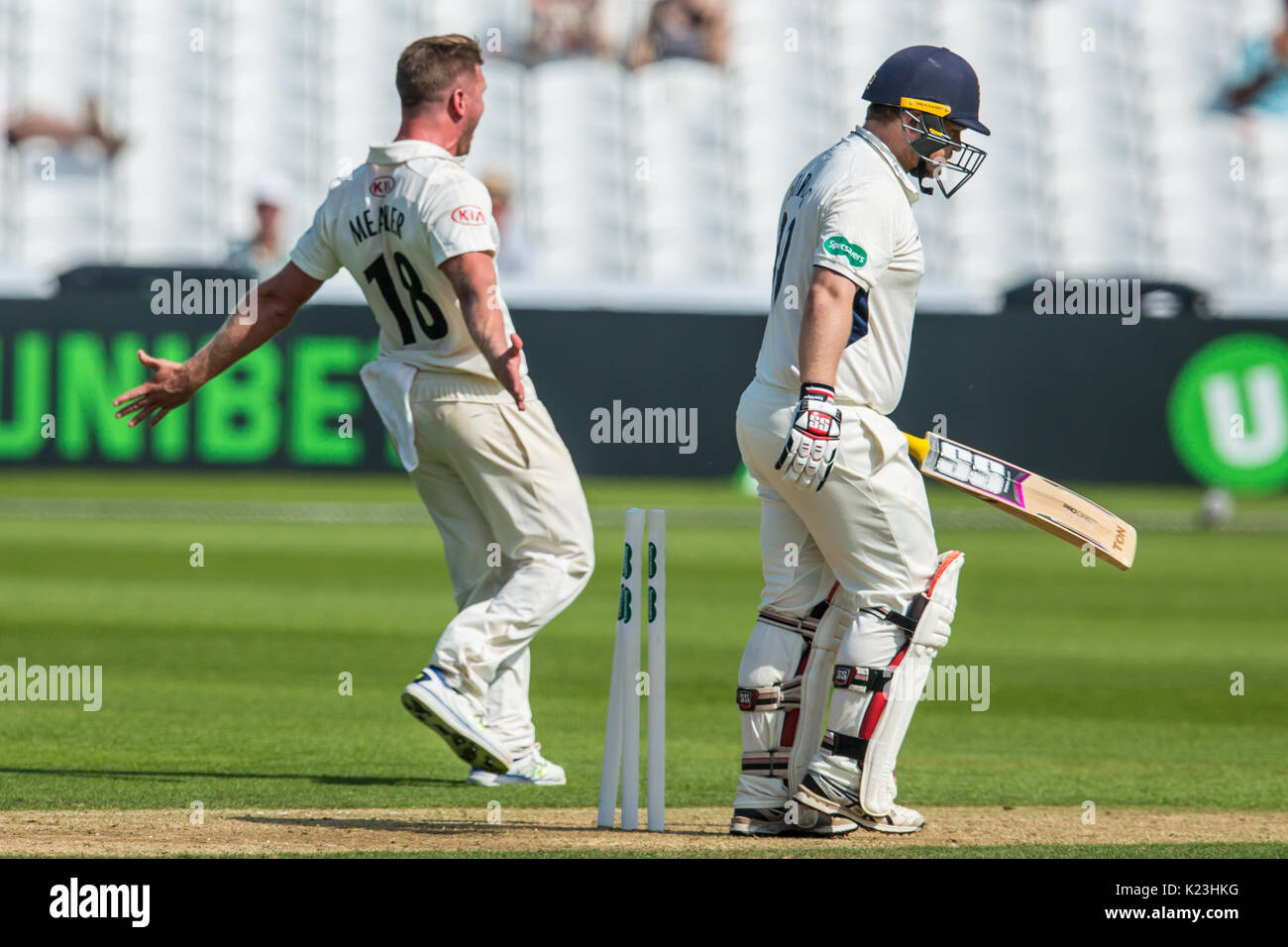 London, UK. 28th Aug, 2017. Stuart Meaker celebrates getting the wicket ...