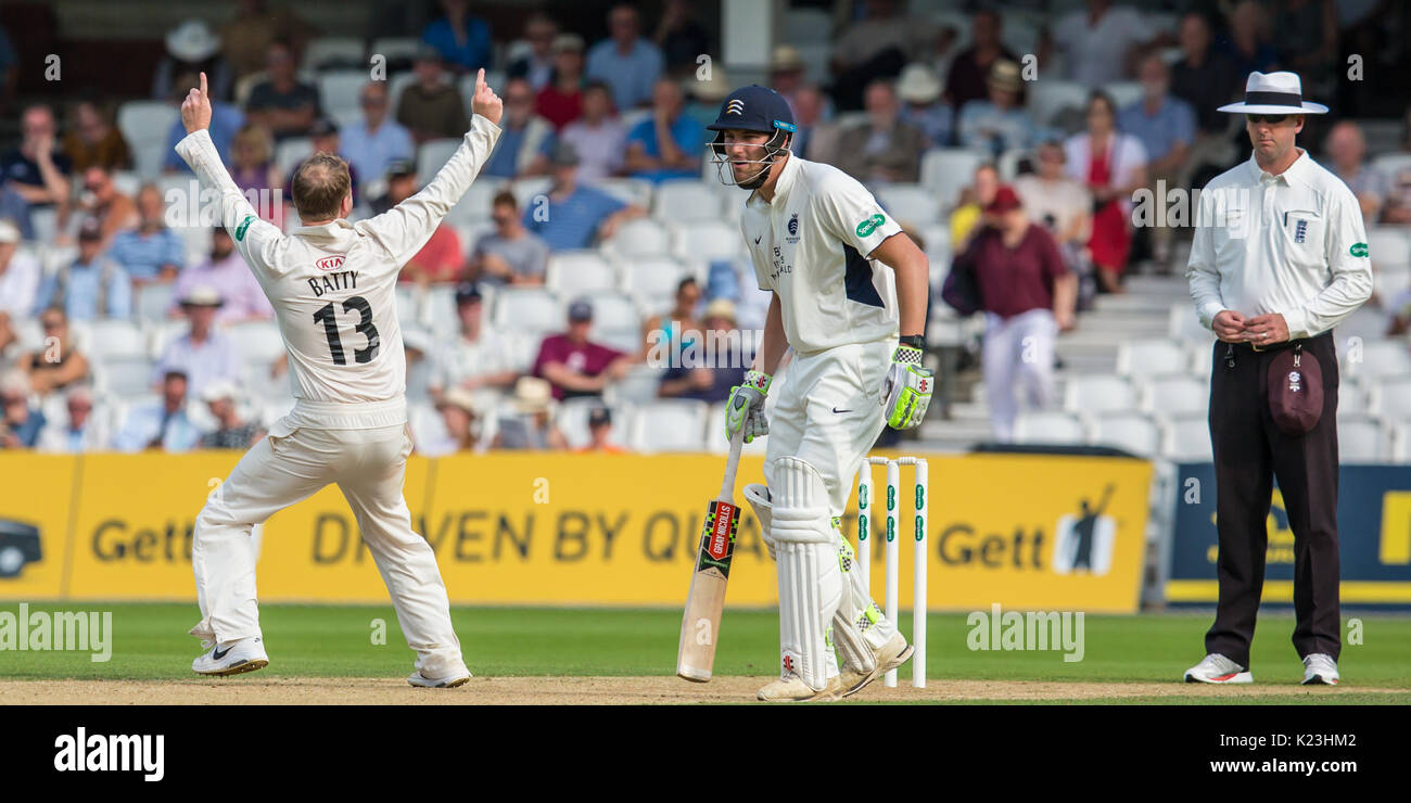 London, UK. 28th Aug, 2017. Gareth Batty gets Toby Roland-Jones lbw ...