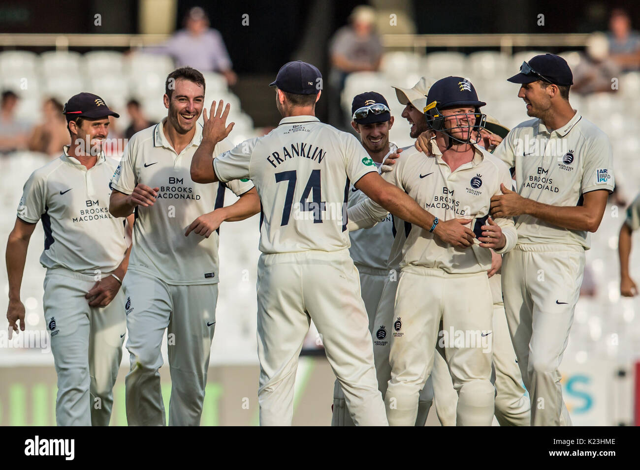 London, UK. 28th Aug, 2017. Toby Roland-Jones celebrates getting the ...