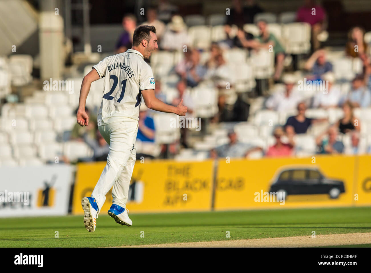 London, UK. 28th Aug, 2017. Toby Roland-Jones celebrates getting the ...