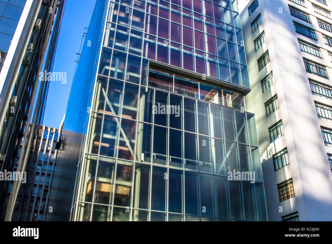 Sao Paulo, Brazil, August 28, 2017. Workers on a scaffold work on the ...