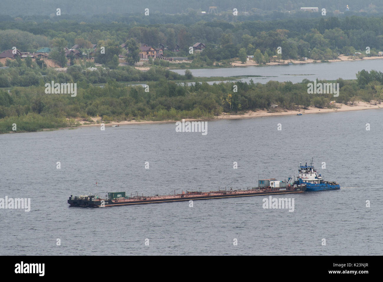A cargo ship on Volga river near Samara, Russia 24 Augsut 2017. The ...