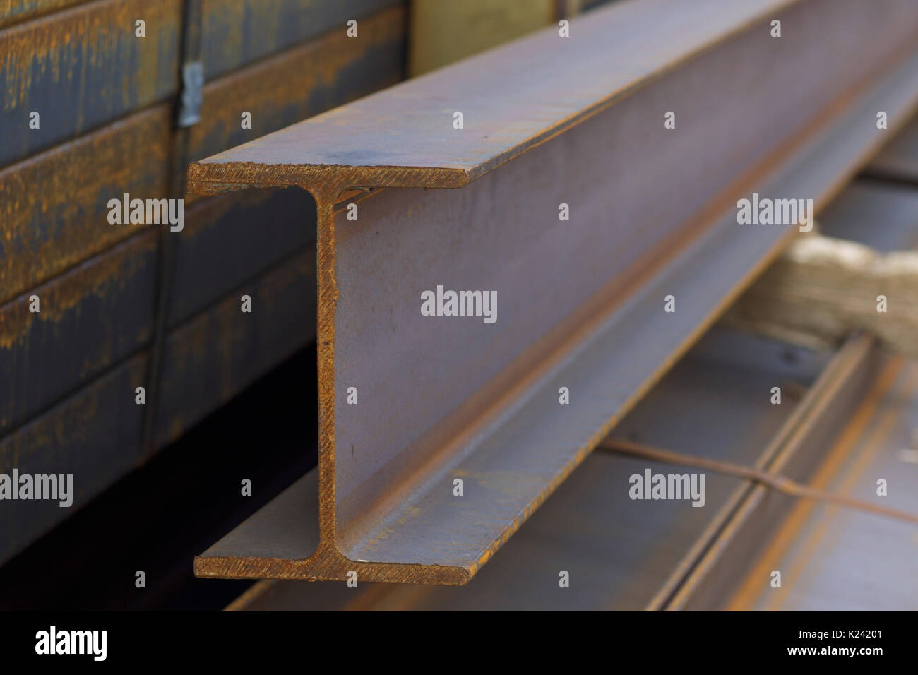 Metal profile beam in packs at the warehouse of metal products, Russia ...