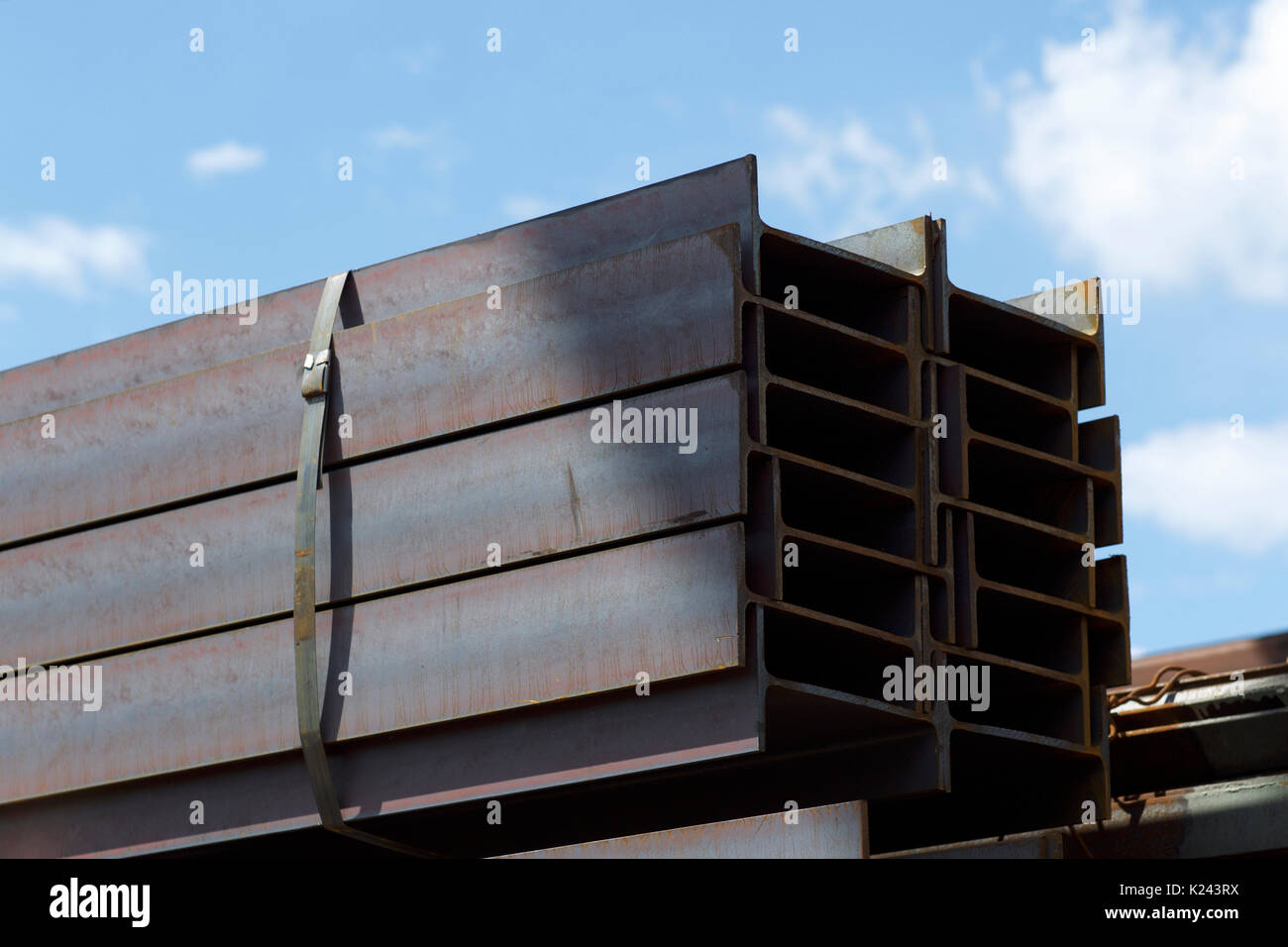 Metal profile beam in packs at the warehouse of metal products, Russia ...