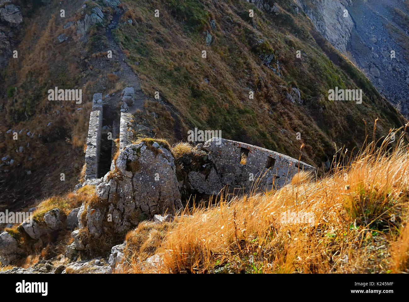 WWI Italian front, Carnic Alps, Avostanis mountain. An Italian trench ...
