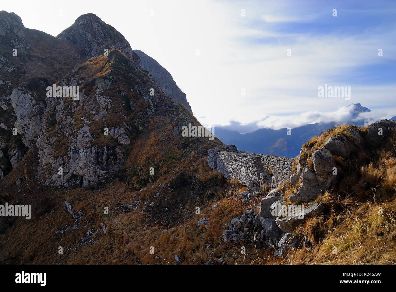 WWI Italian front, Carnic Alps, Avostanis mountain. An Italian trench ...
