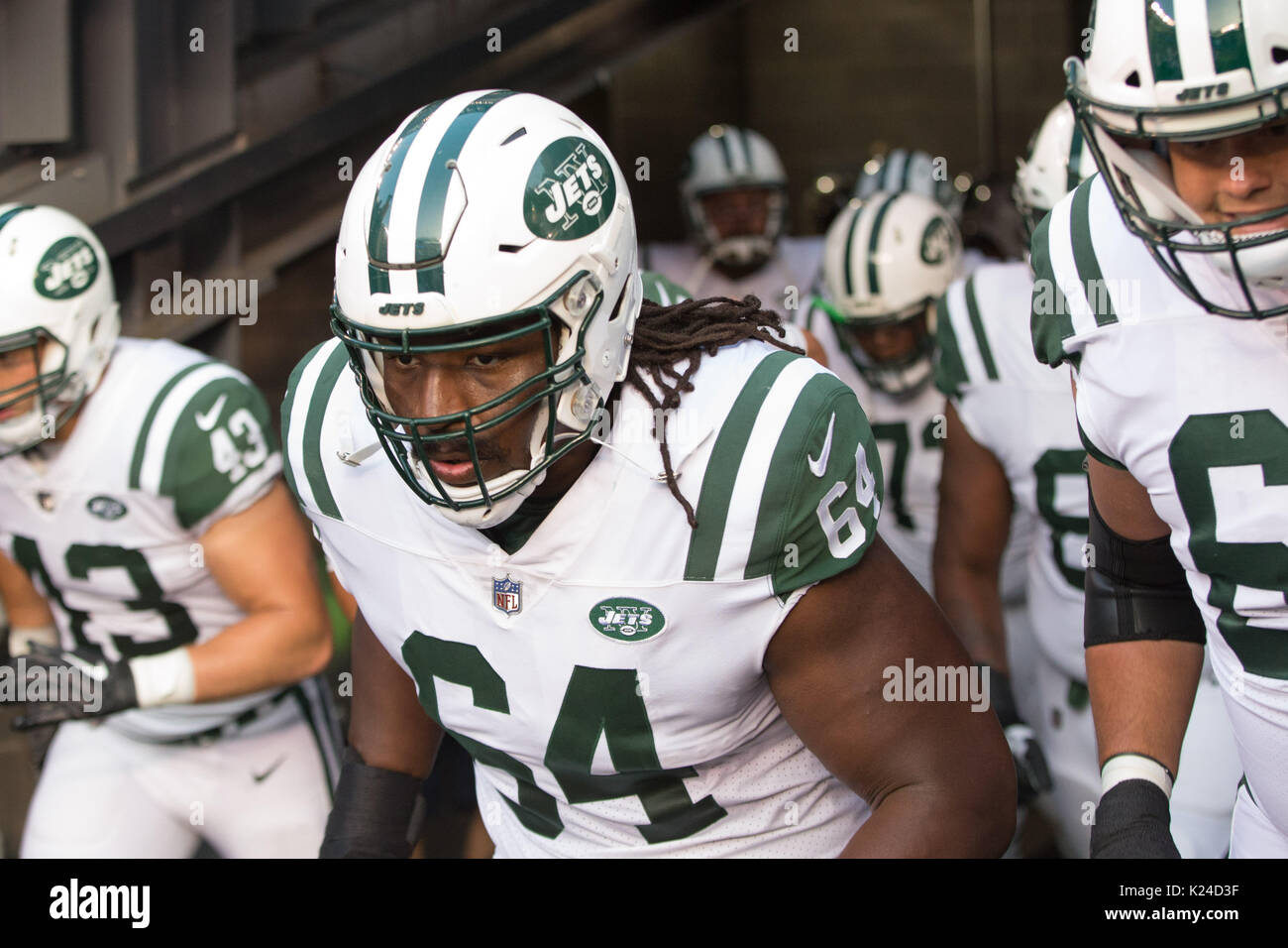 August 26, 2017, New York Jets offensive lineman Craig Watts (64) heads ...