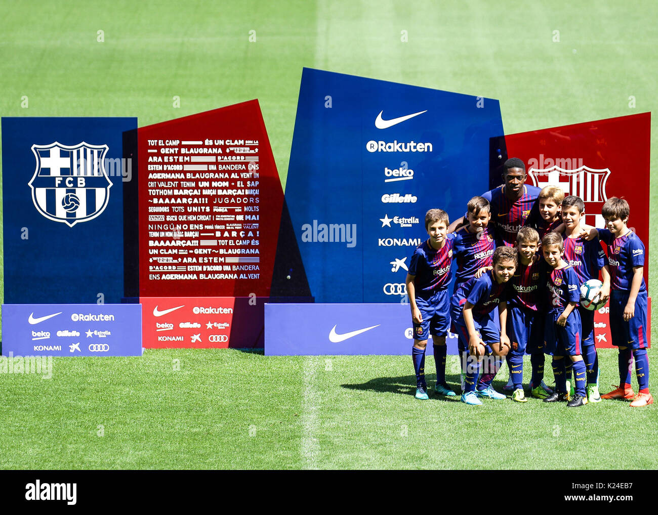 FC Barcelona's new signing Ousmane Dembele gestures during his official ...