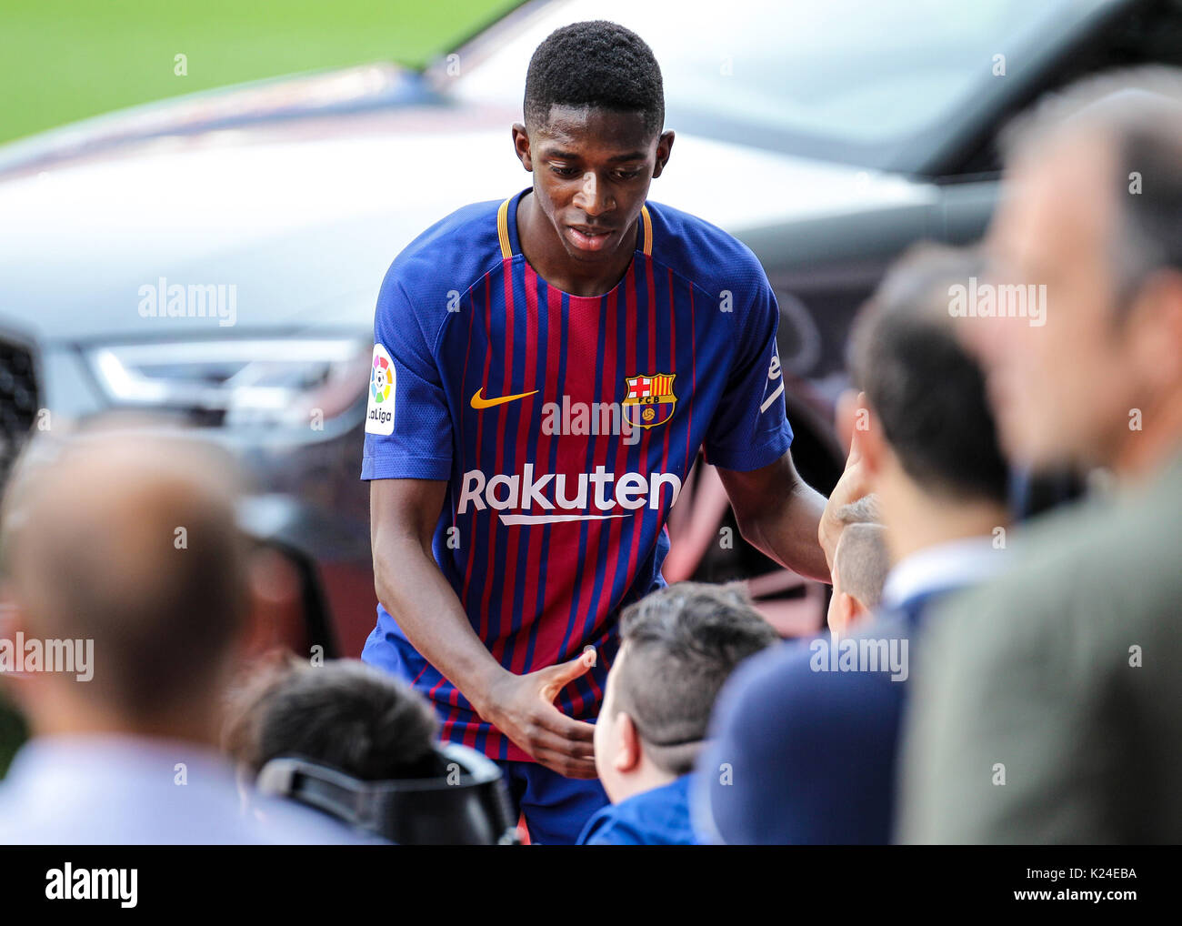 FC Barcelona's new signing Ousmane Dembele gestures during his official ...