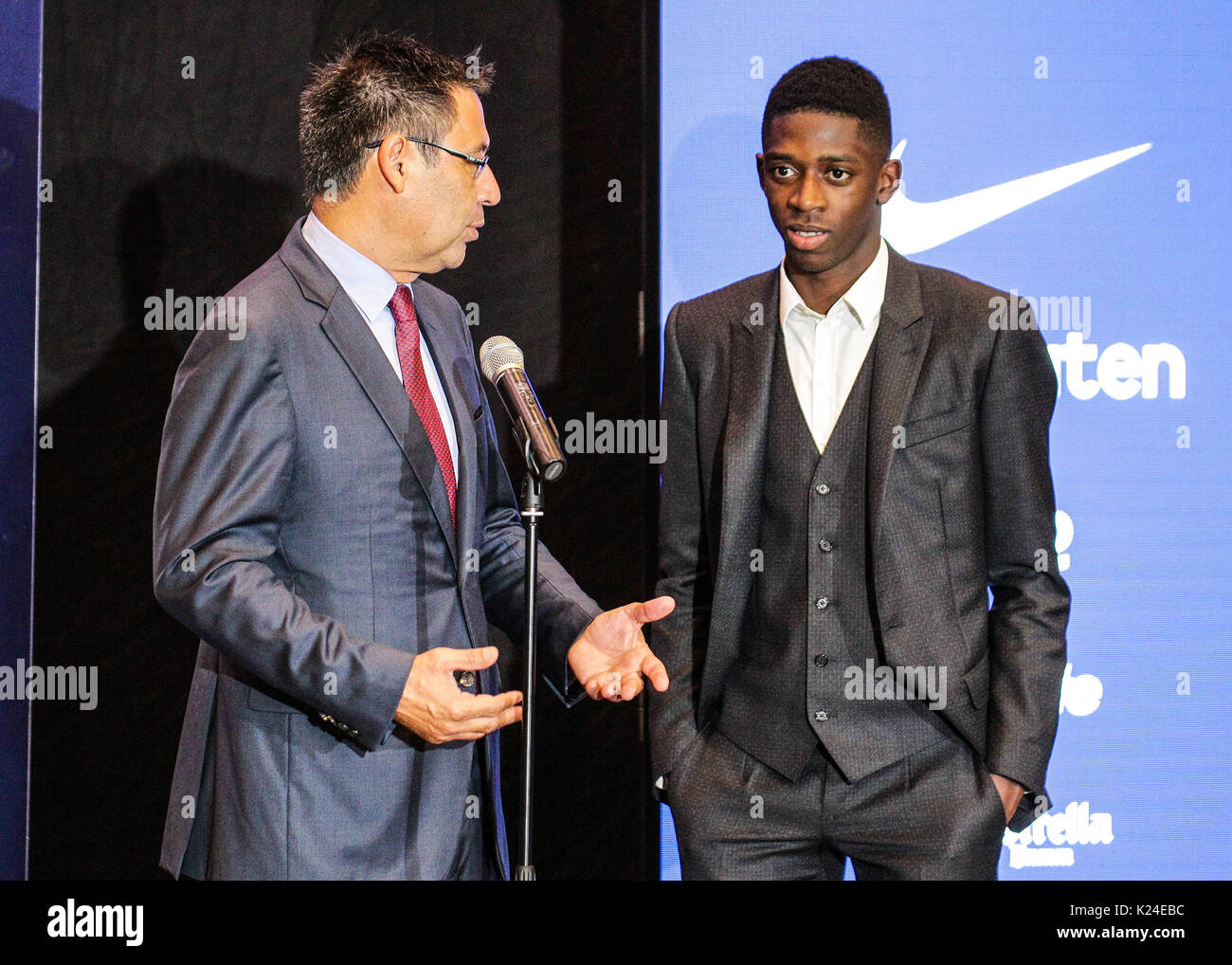 FC Barcelona's new signing Ousmane Dembele gestures during his official ...