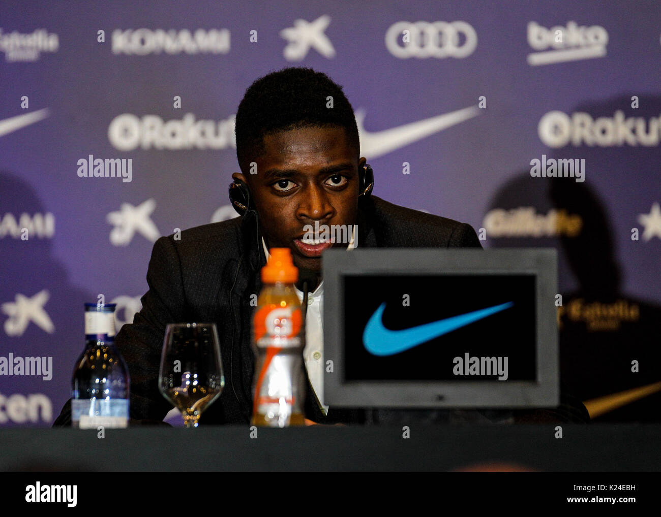 FC Barcelona's new signing Ousmane Dembele gestures during his official ...