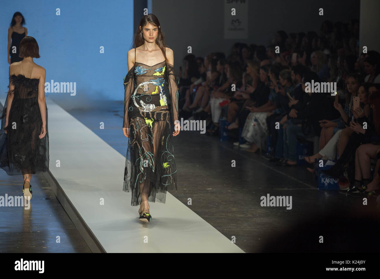 A model walks at Osklen runway at SPFW N44 Winter 2018 on August 28 ...