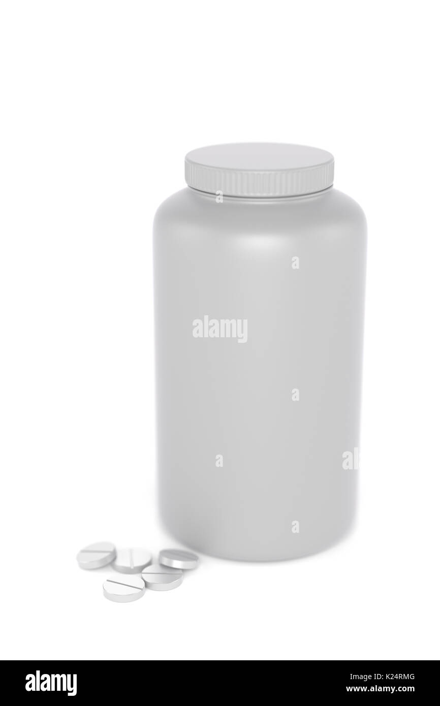 3D realistic render of plastic container for drugs with pile of tablets ...