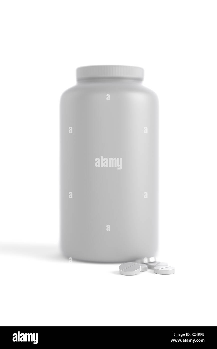 3D realistic render of plastic container for drugs with pile of tablets ...