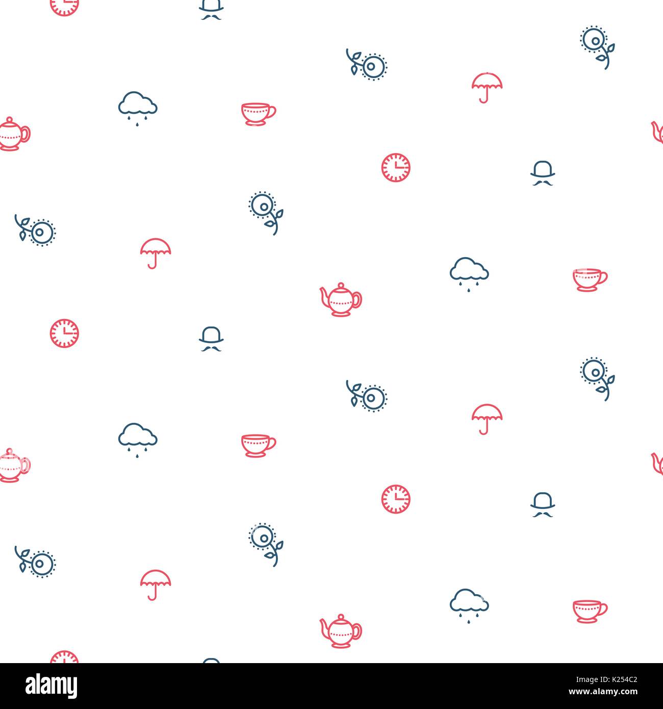 English tea party simple red and blue traditional line vector pattern ...