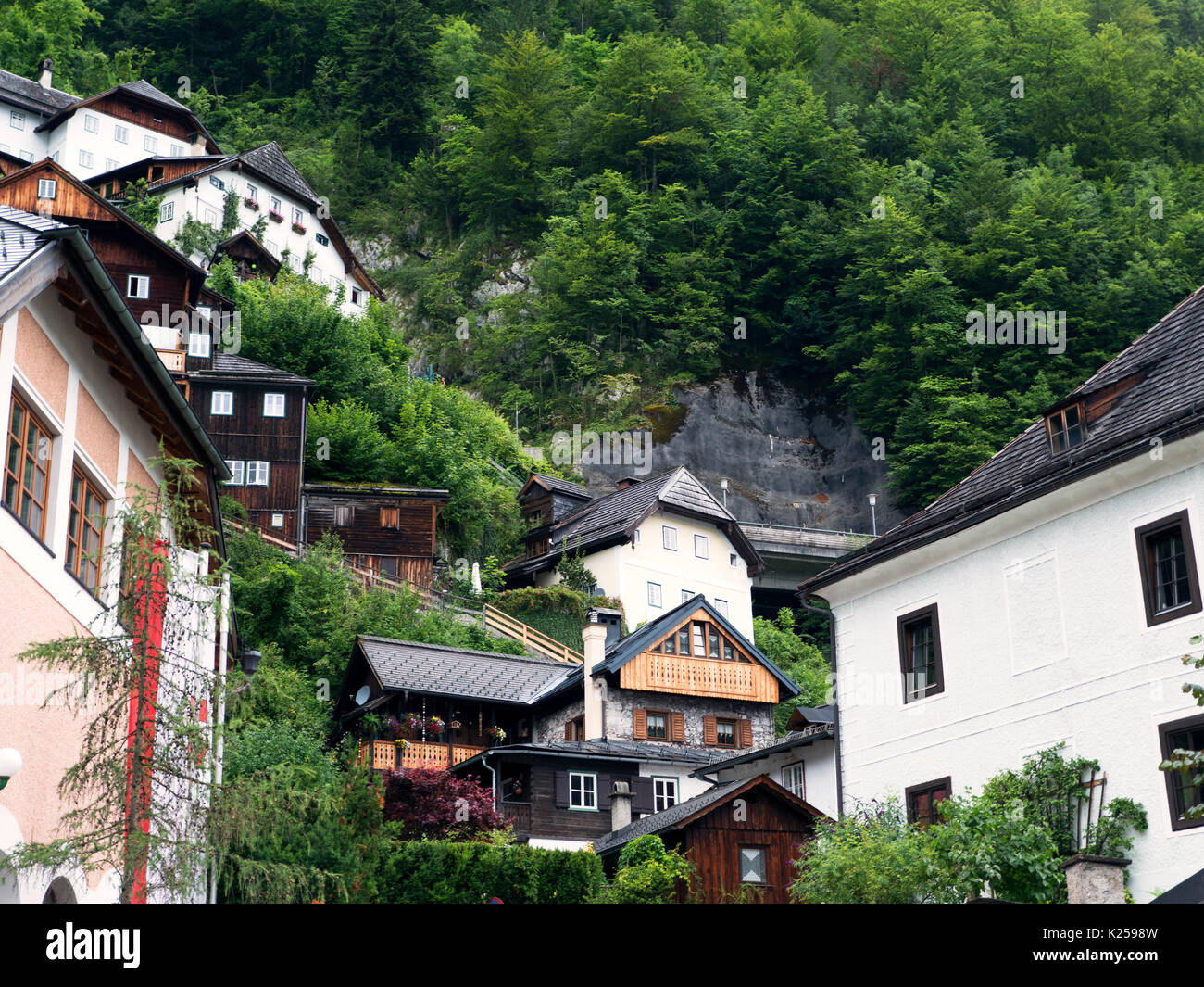 Town Hallstatt with mountain lake and salt mines. Alpine massif ...
