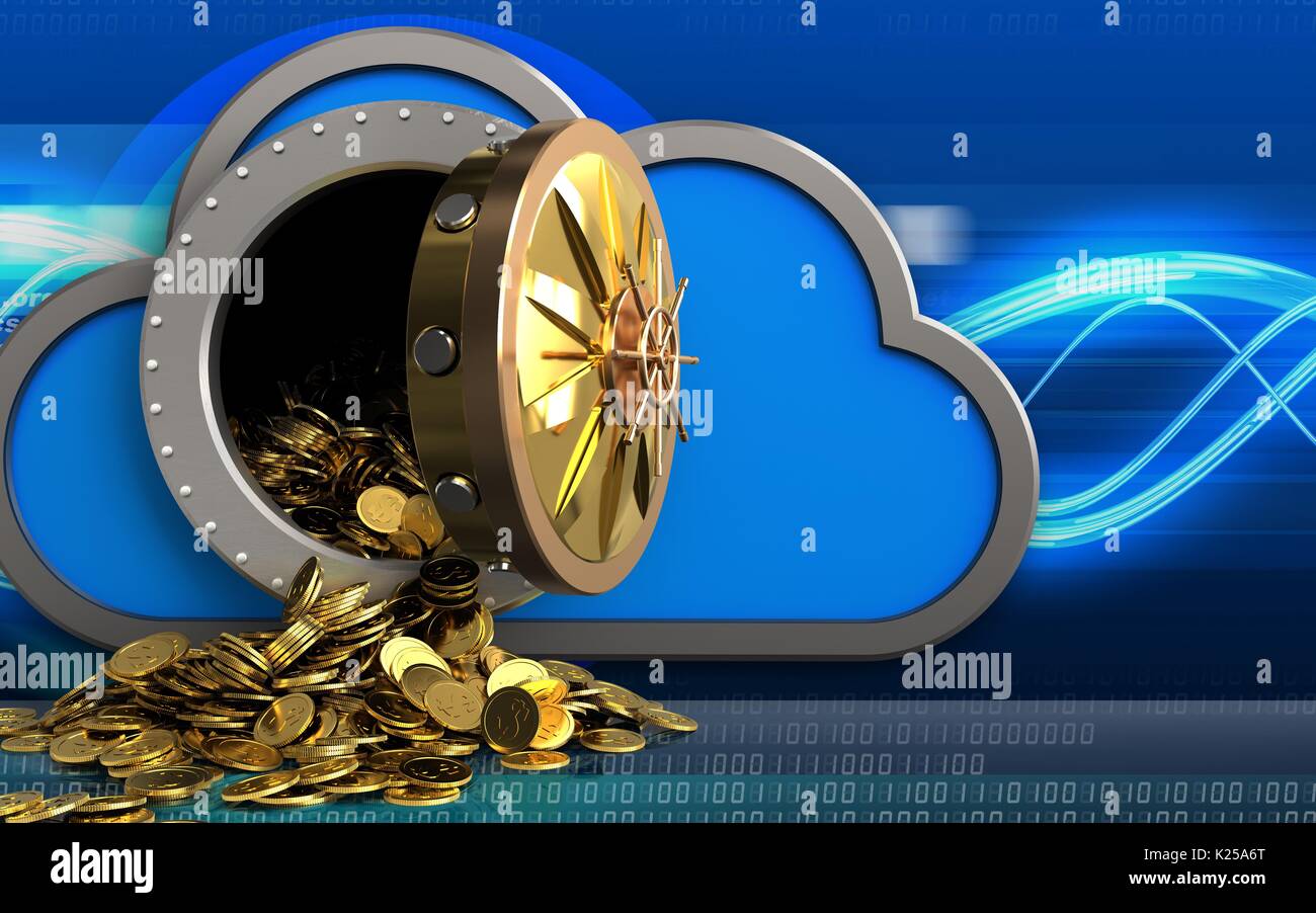 3d illustration of cloud with golden coins over digital waves ...