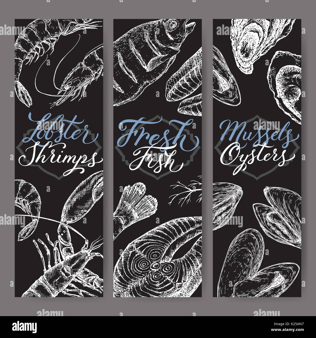 Three fish and seafood labels with sketches and brush calligraphy Stock ...