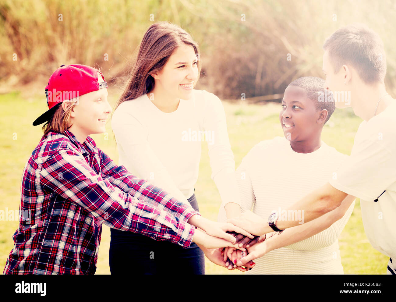 Portrait of happy four friends on countryside field in sunny day Stock ...