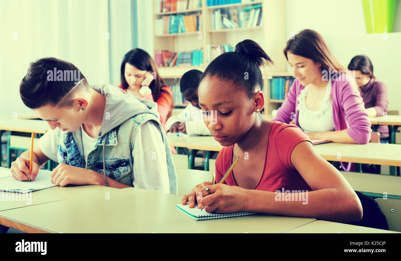 Portrait of happy school pupils taking a lesson in the school Stock ...