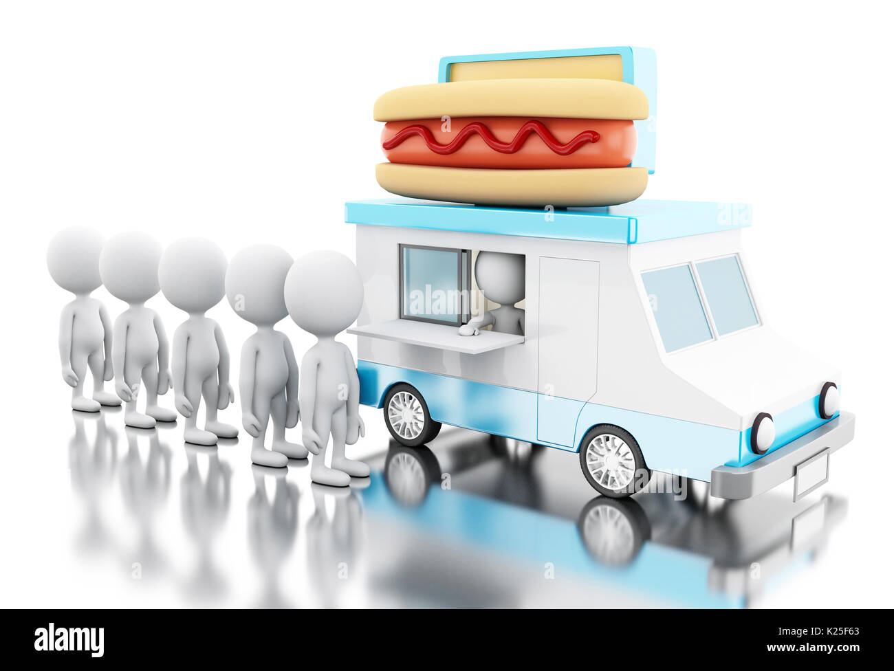 3d illustration. Hot dog food truck with white people waiting in line ...