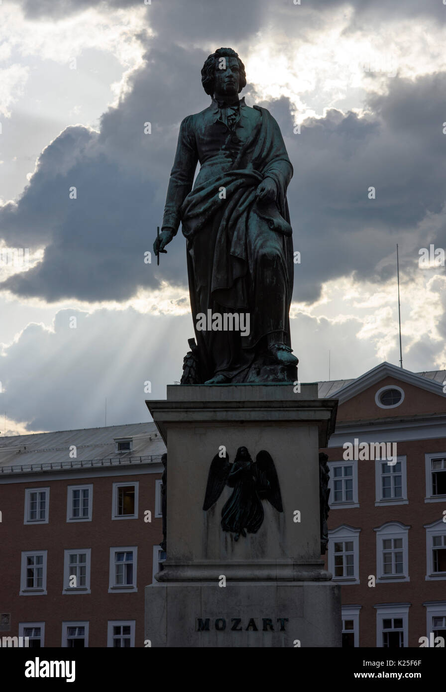 Mozartplatz with memorial statue of Mozart in Salzburg, Austria Stock ...