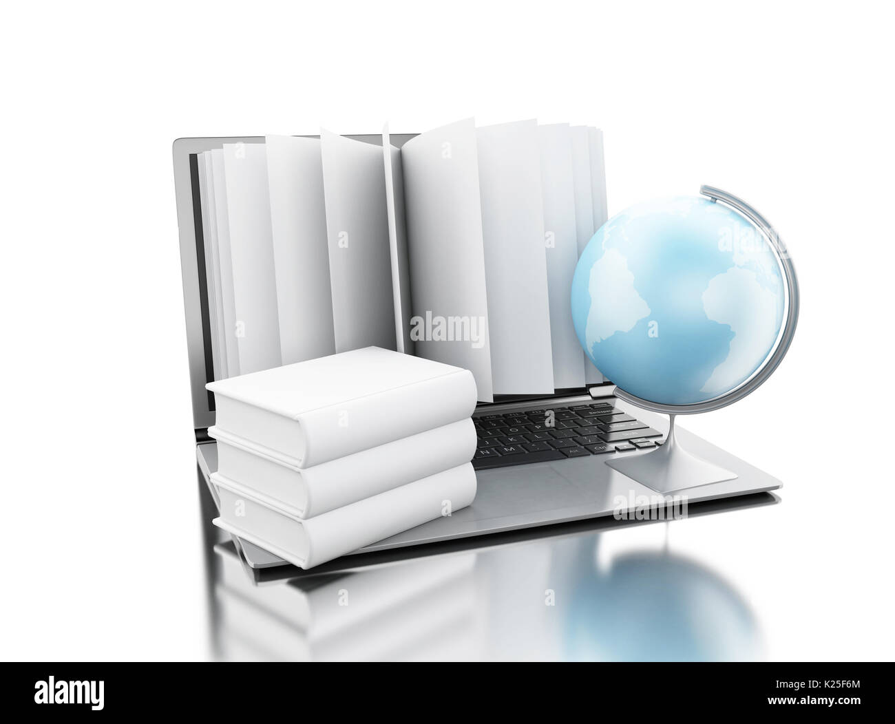 3d illustration. Laptop computer with book pages and globe. E-learning ...