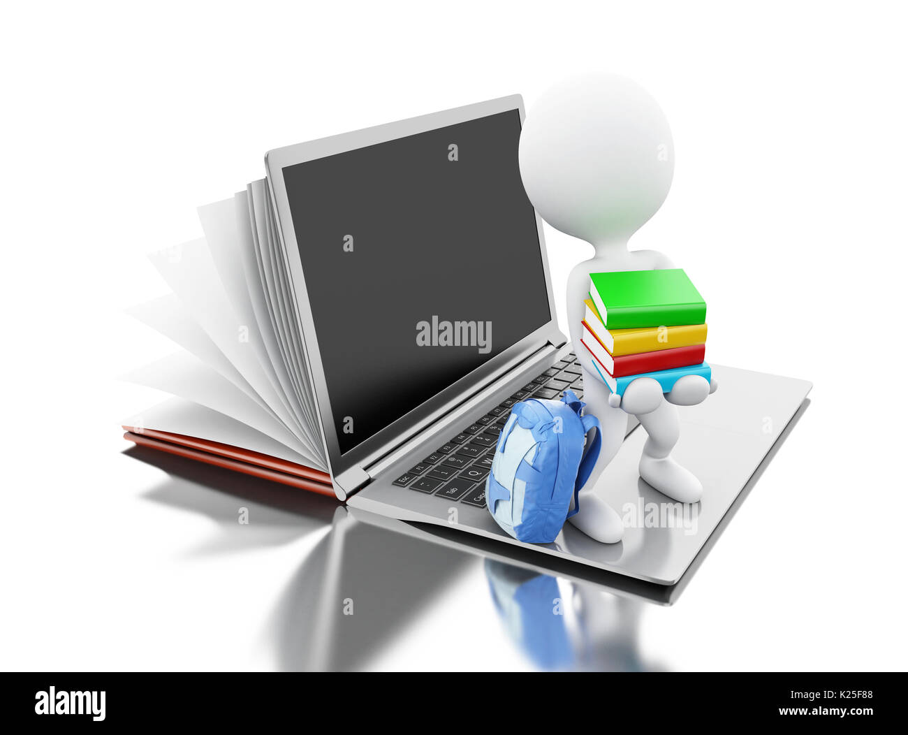 3d illustration. Open book turns into an open laptop with white peple ...