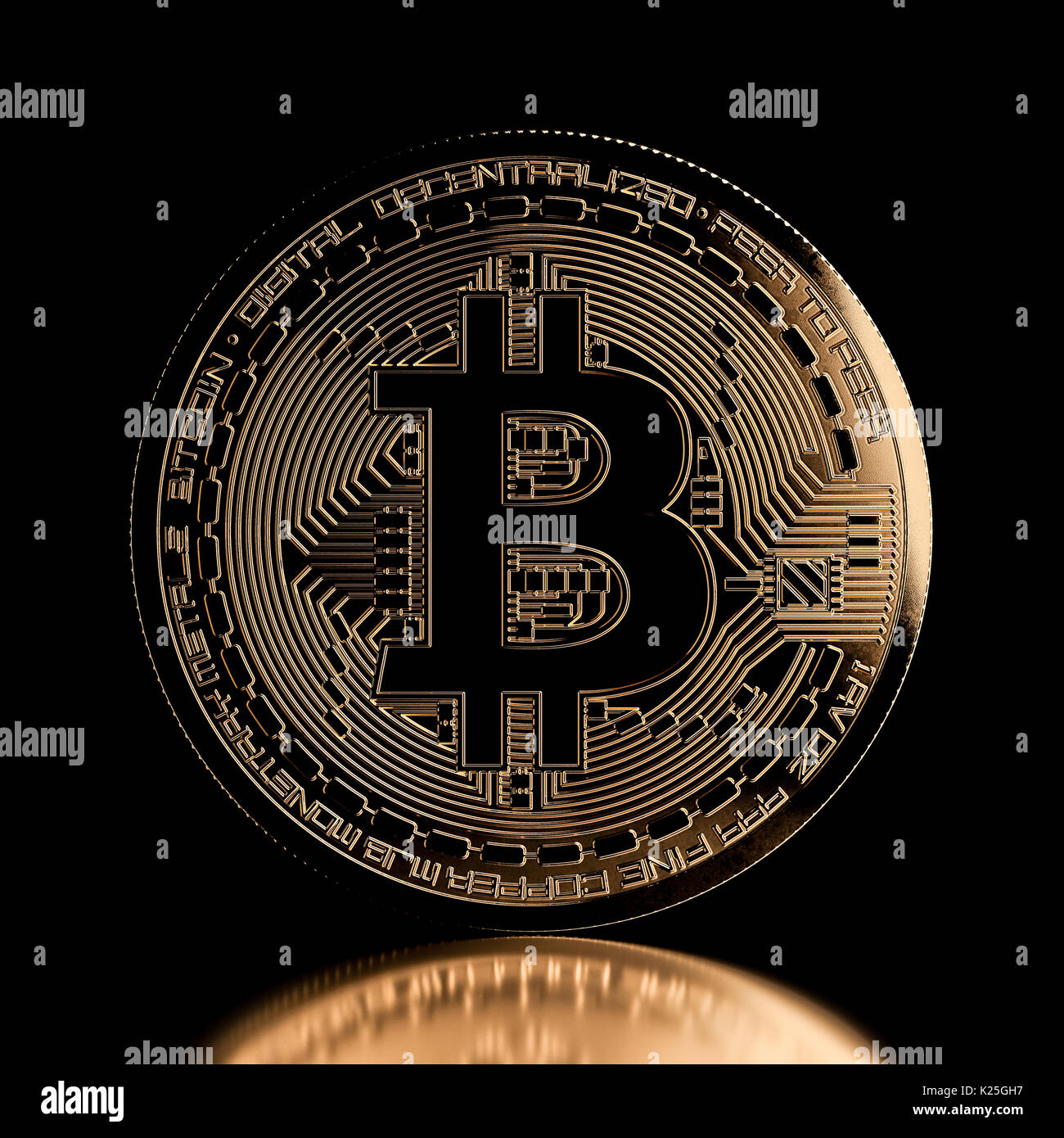Bitcoin front view golden coin. Isolated on black background. 3d ...