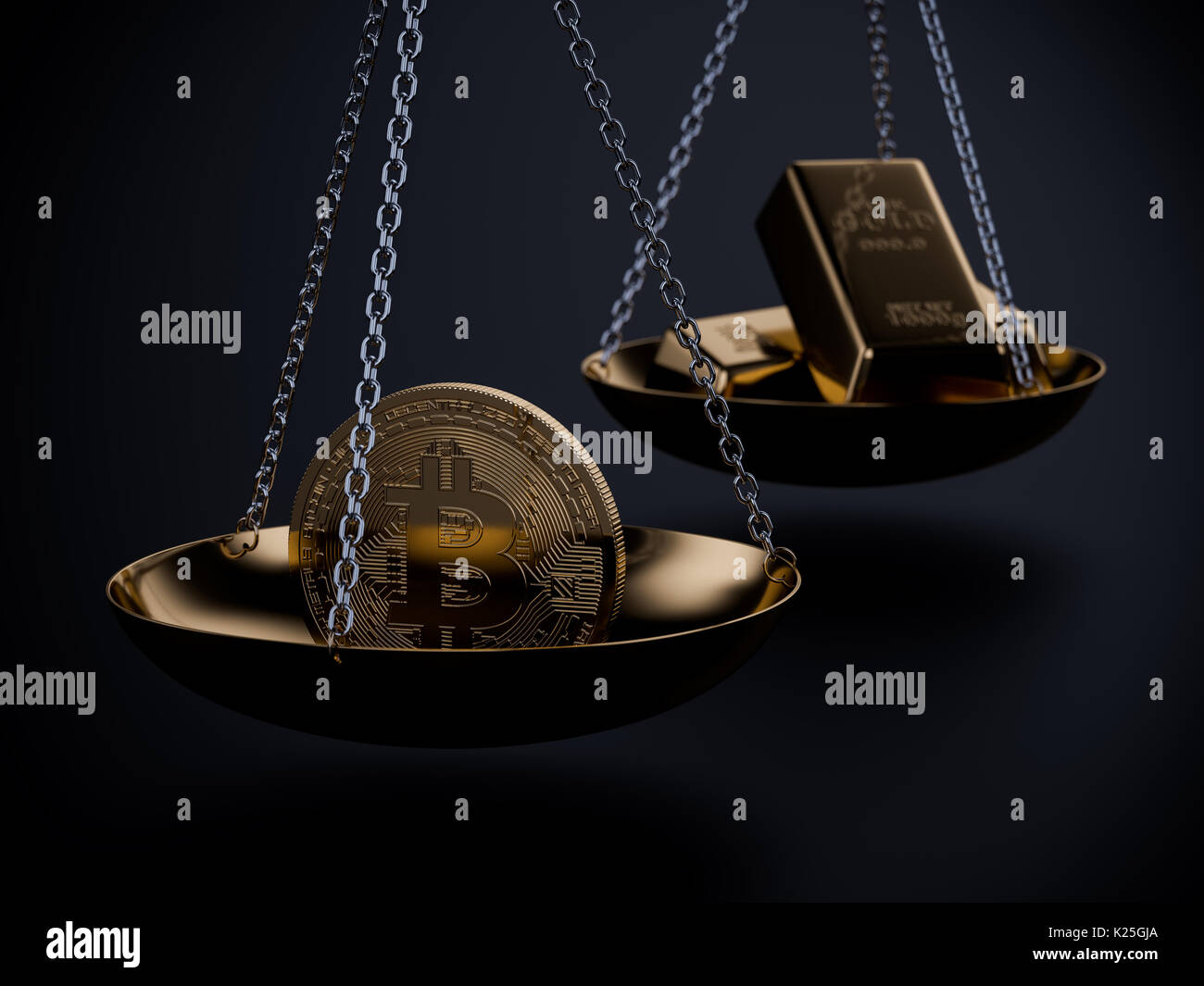 Scales with bitcoin coin symbol and gold bars. 3d rendering ...