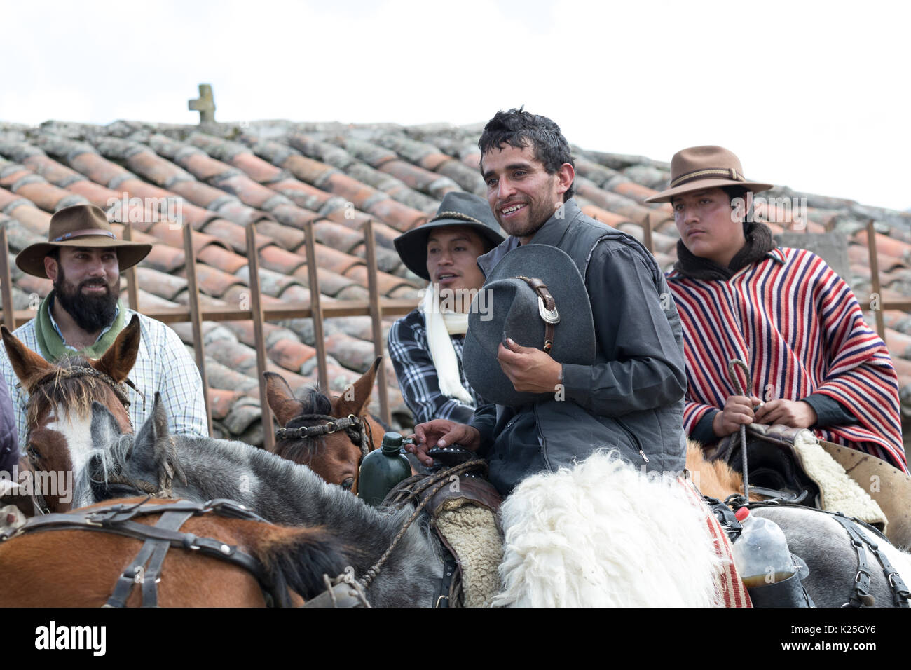 June 10, 2017 Toacazo, Ecuador: local cowboys posing before the rodeo ...