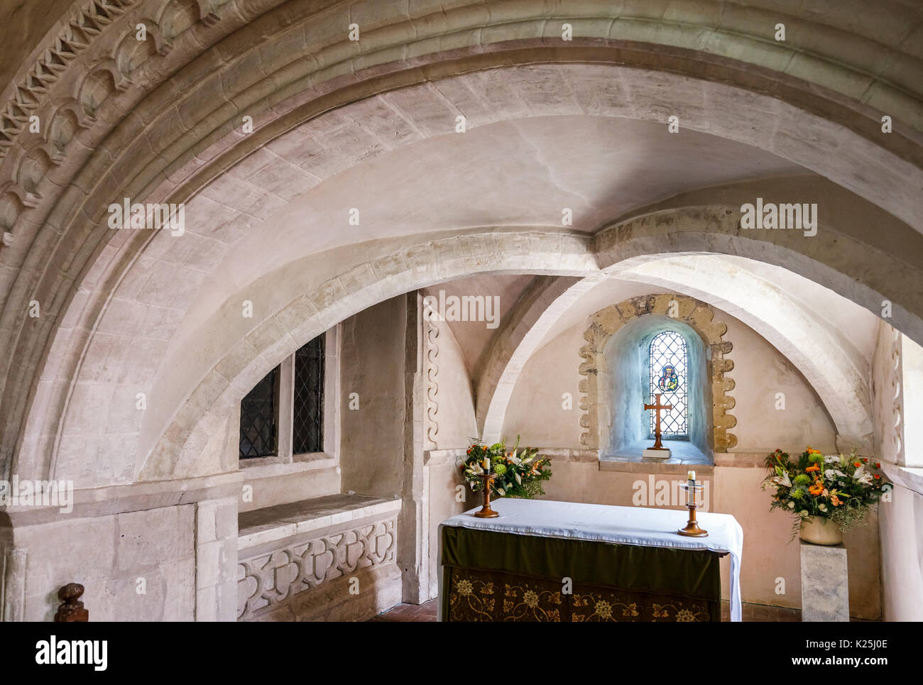 Altar and vaulted roof interior of St Nicholas Church, an historic ...
