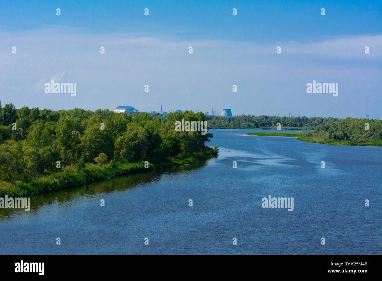A beautiful river landscape and trees in a dead radioactive zone ...