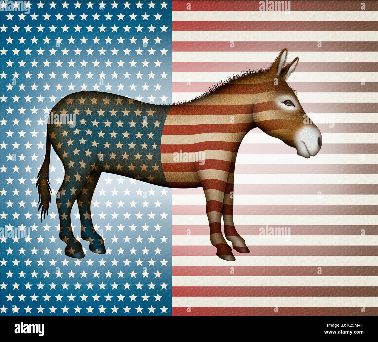 Digital illustration of a donkey overlayed with stars and stripes ...