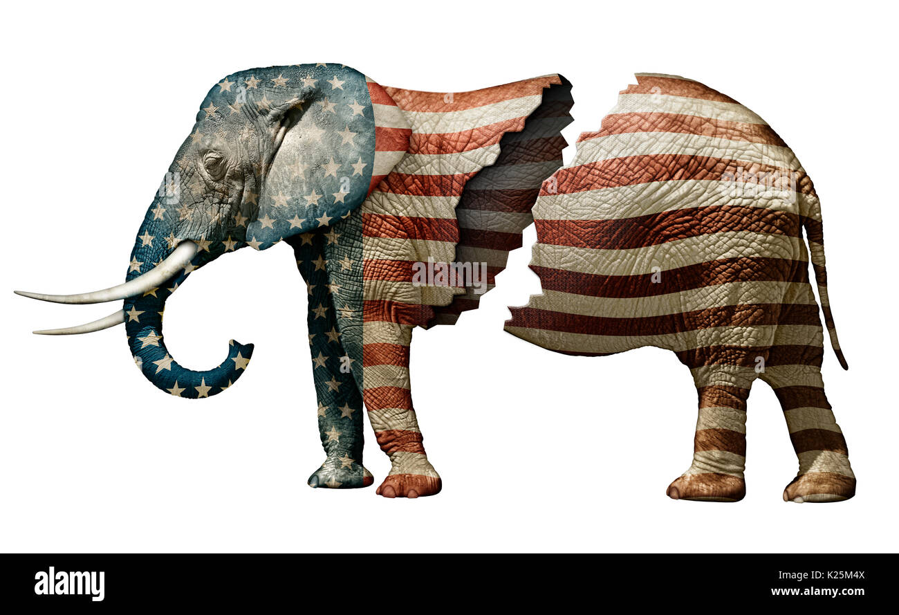 Photo illustration of a flag adorned elephant, split in two to ...