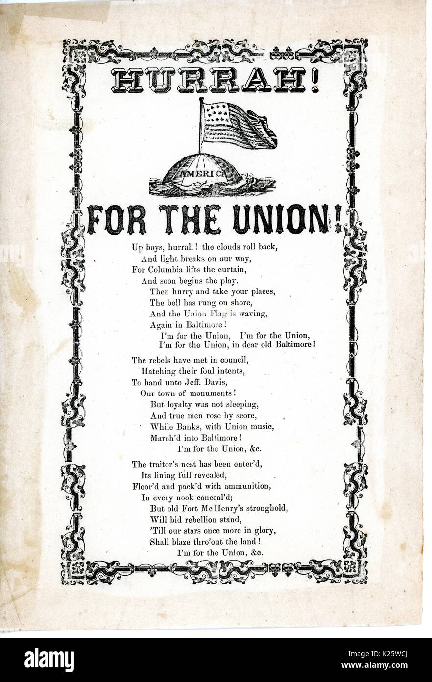 Broadside from the American Civil War entitled 'Hurrah! For the Union ...