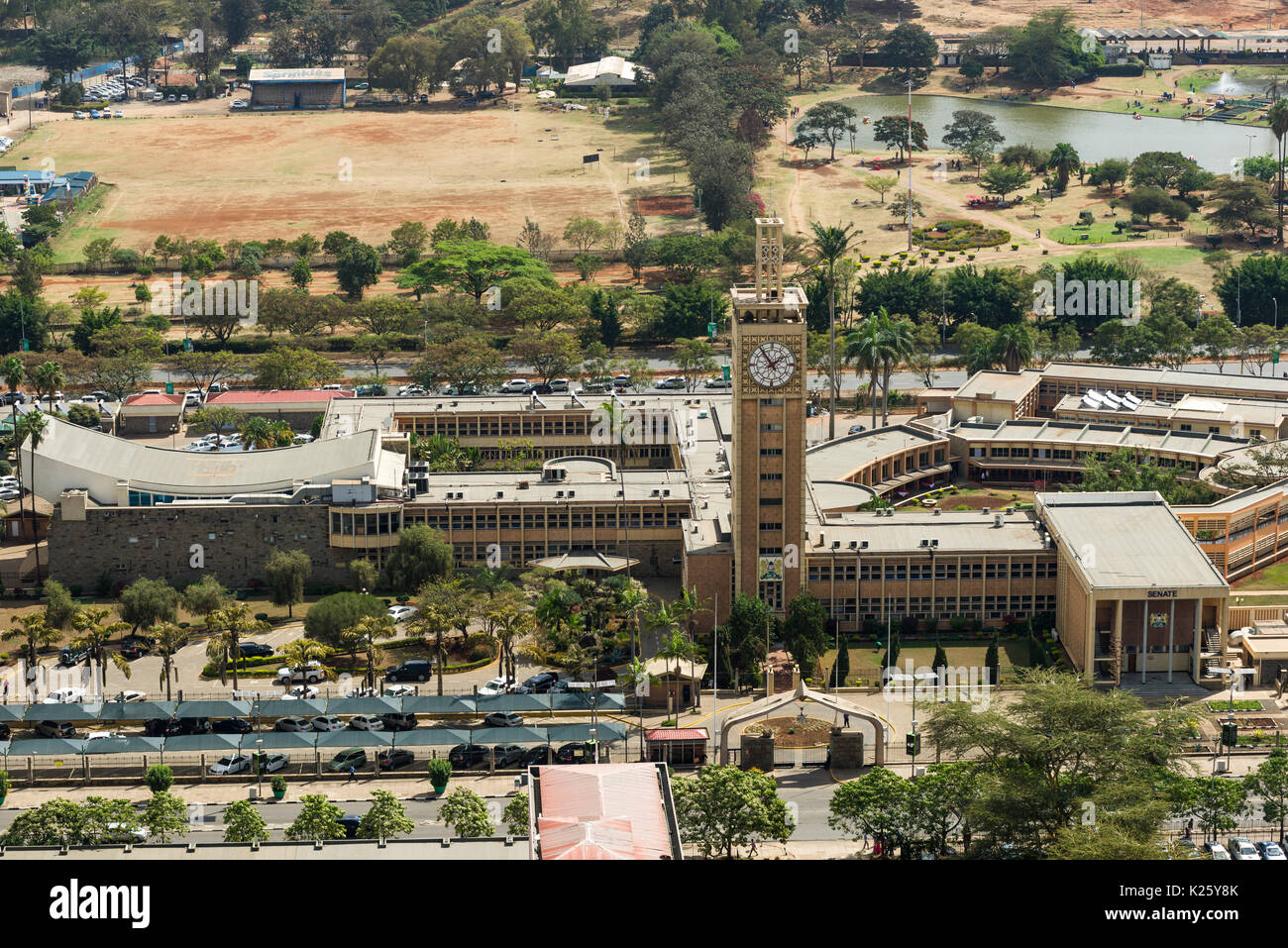 Aerial view of Senate building with clock tower and Uhuru park in ...