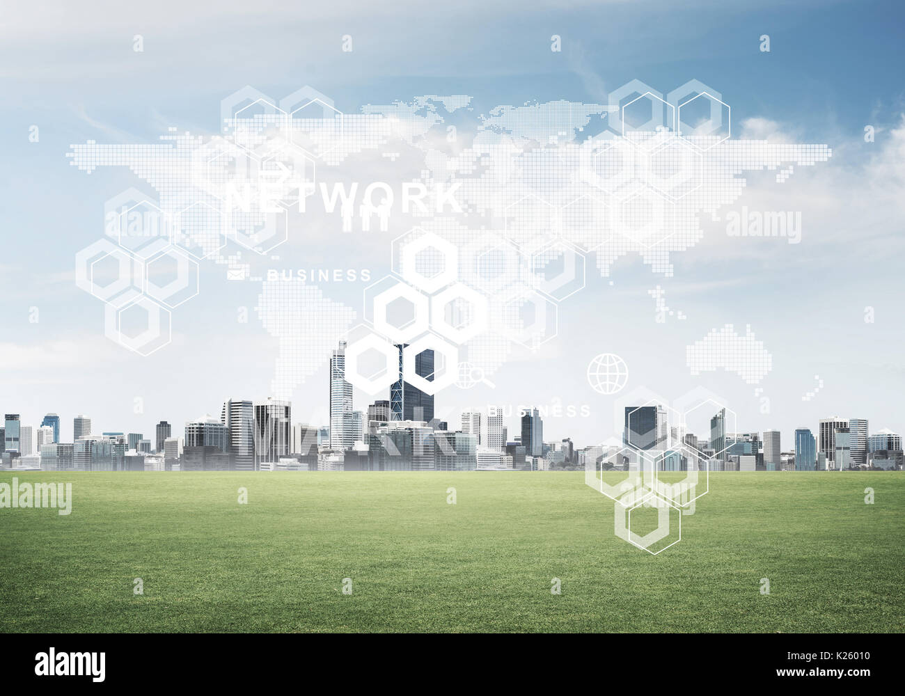 Natural background with modern cityscape green field and media i Stock ...