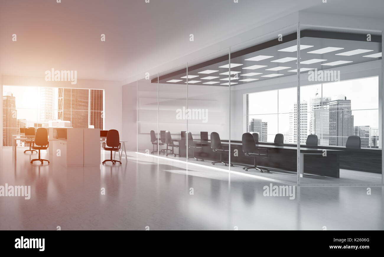 Office interior design in whire color and rays of light from window ...